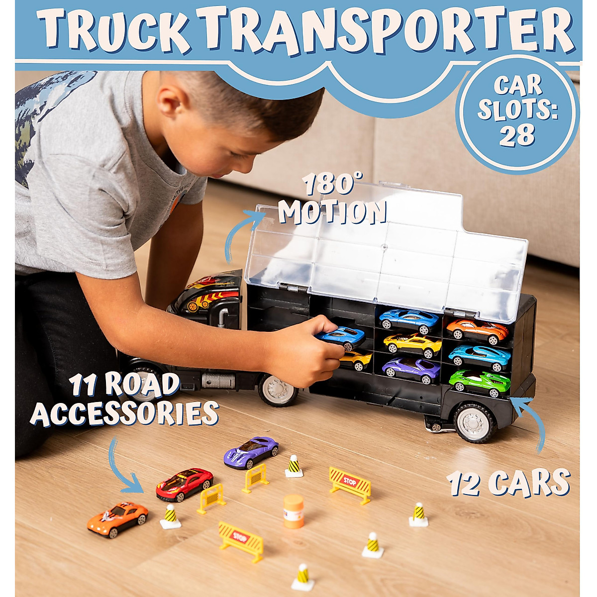 Toy Truck Transport Car Carrier Toy for Boys and Girls Age 3-10 yrs Old - Hauler Truck Includes 12 Toy Cars and Accessories - Car Truck Fits 28 Car Slots - Ideal Gift for Kids