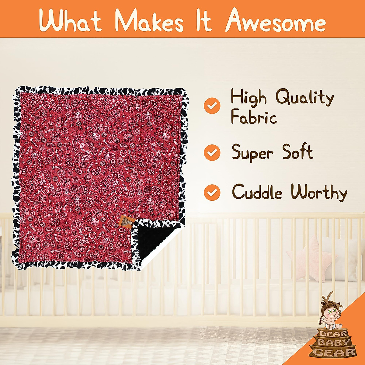 Dear Baby Gear Farm Deluxe Baby Blanket - Reversible, Milestone & Newborn Gifts for Girls and Boys - Red Handkerchief Blanket with Black Dot and Cow Print Ruffle - 33 x 33 Inches