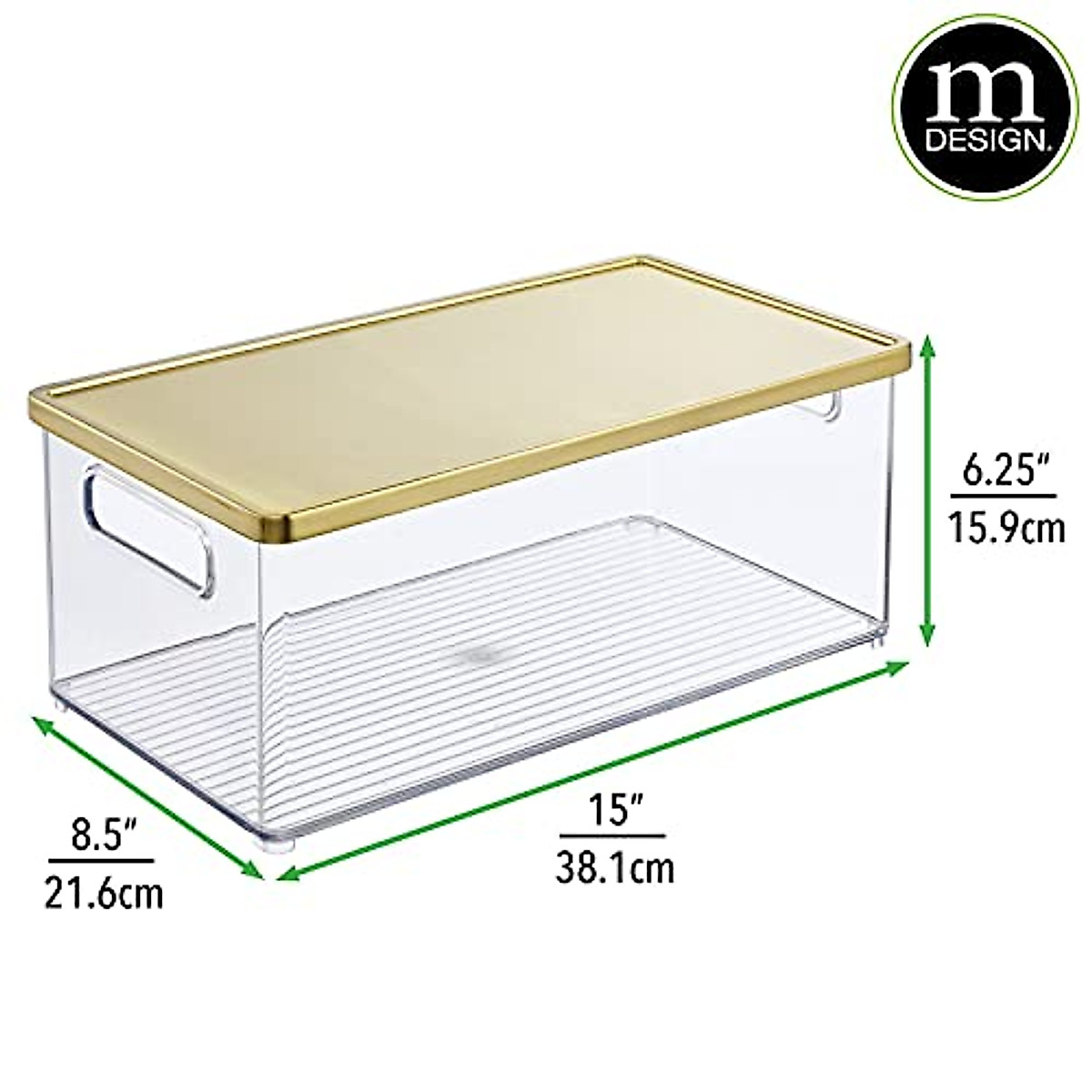 mDesign Plastic Kitchen Storage Bin - Stackable Fridge, Pantry Cabinet, Freezer Organizer - Food Storage Bin Box w/Handles, Steel Lid - 15" Long - Ligne Collection - 2 Pack - Clear/Soft Brass