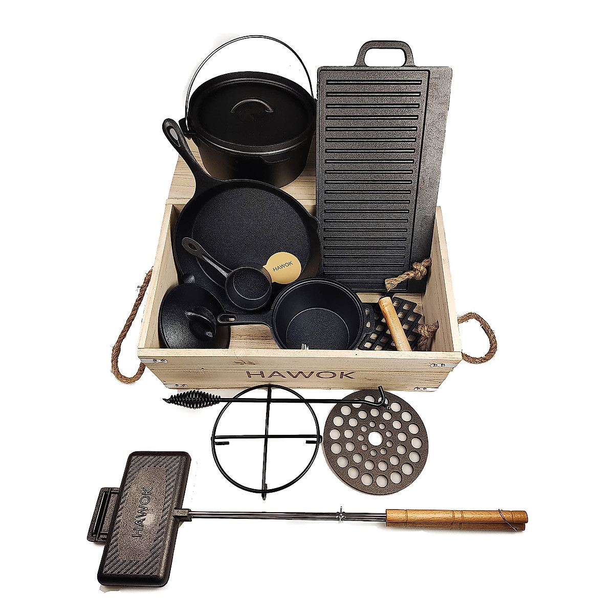 HAWOK Pre-seasoned Cast Iron Dutch Oven Camping Cooking Set with Carrying Storage Box