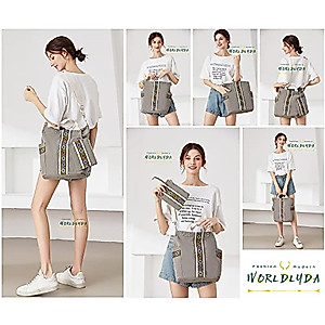 Worldlyda Women Vintage Canvas Tote Retro Hobo Purse Multi Pocket Crossbody Shoulder Bag Casual Top Handle handbag with Embroidery Ethnic (Grey)