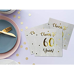 Cheers to 60 Years Cocktail Napkins | Happy 60th Birthday Decorations for Men and Women and Wedding Anniversary Party Decorations | 50-Pack 3-Ply Napkins | 5 x 5 inch folded (White)