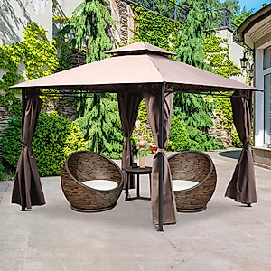 Outdoor Double Roof Hardtop 10' X 10'Gazebo for Patio Grill,Gazebo Large Garden Top Gazebo with Sidewall Party Tent with Curtains & Net（Brown）