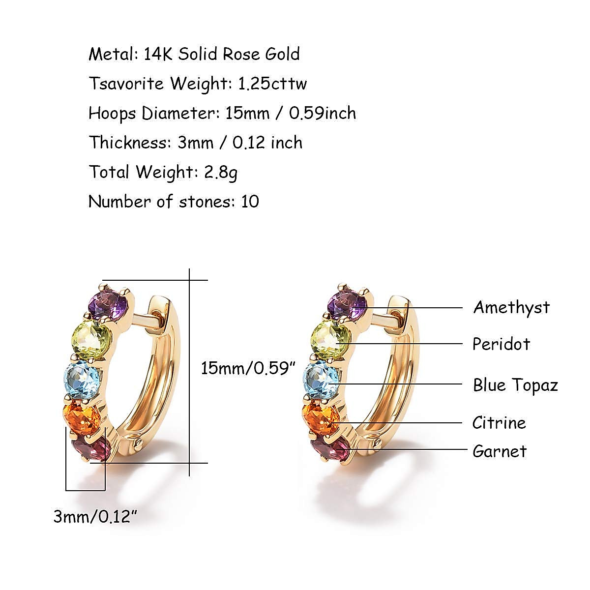 FANCIME Mothers Day Gifts 14K Solid Yellow Gold 1.25cttw Multi Colored Amethyst Peridot Topaz Citrine Garnet Tiny Small Hinged Huggie Cartilage Hoop Earrings Dainty Delicate Fine Jewelry For Women,15mm
