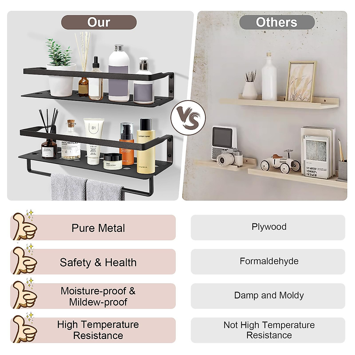 Uten Floating Shelves, Wall Mounted Updated Space Aluminum Shelves Set of 2, Bathroom Storage Shelves with Towel Rack, Wall Hanging Organizer Shelf for Bathroom, Kitchen