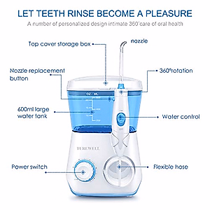 TUREWELL Water Flossing Oral Irrigator, 600ML Dental Water Teeth Cleaner 10 Adjustable Pressure, Electric Dental Oral Flosser for Teeth/Braces, 8 Water Jet Tips for Family (White)