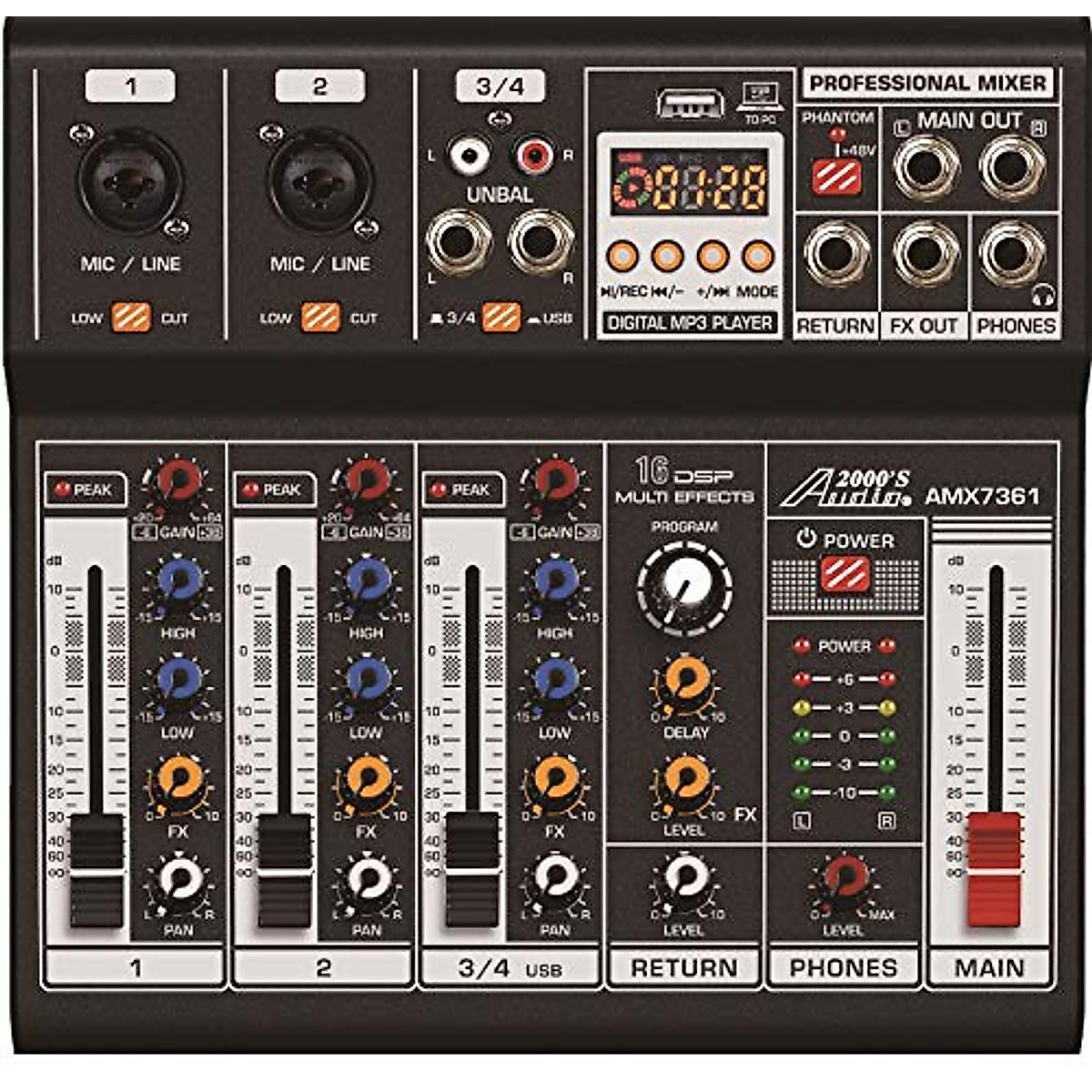 Audio2000'S AMX7361 Four-Channel Audio Mixer with USB 5V Power Supply, USB Interface, and Sound Effect