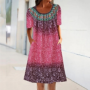 Round Print Loose Neck Pocket Boho Dress Floral Short Dress Sleeve Women Summer Office Dresses for Women for Work Pink