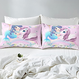 Erosebridal Blue Mermaid Bedding Comforter Sets for Girls Cute Unicorn Bedding Sets Twin 2pcs Kids Dreaming Girly Rainbow Duvet Insert Chic Floral Flower Quilt,Pink Bedroom Decor Aesthetic for Women