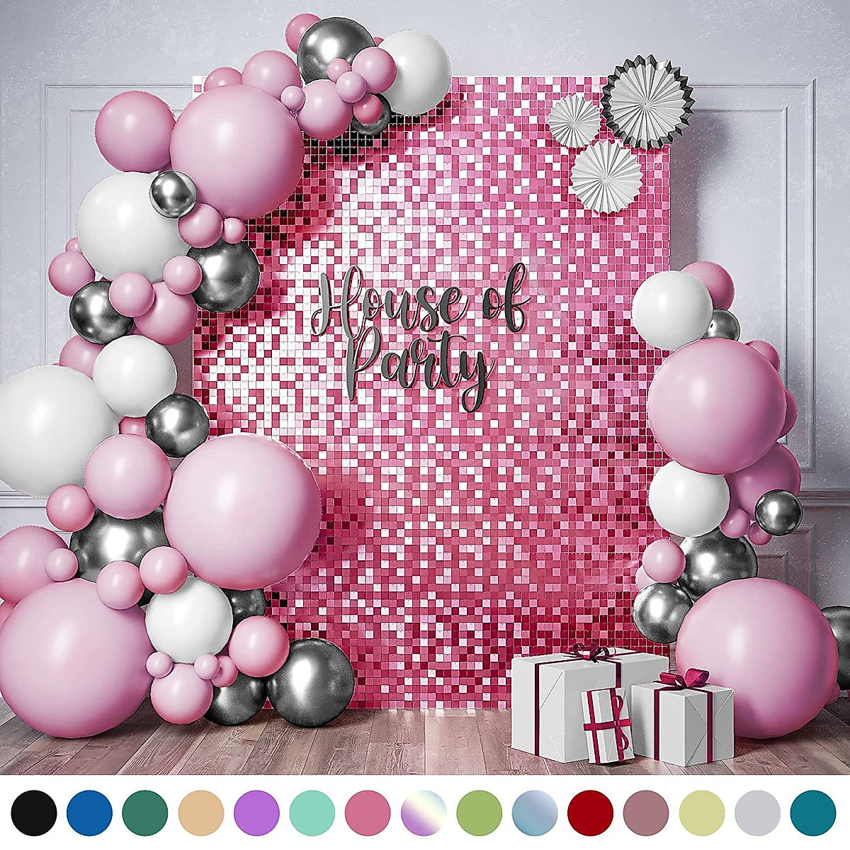 HOUSE OF PARTY Pink Shimmer Wall Backdrop Panels - 24 Pcs | Valentine's Day Square Sequin Backdrop, Shimmer Backdrop for Birthday, Wedding, Baby Shower, Bachelorette Party & Valentines Day Decorations