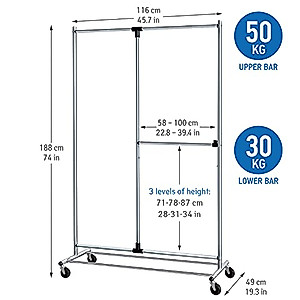 Tatkraft Marvel Heavy Duty Adjustable Clothes Rack on Wheels, Rolling Double Rod Garment Rack, Chromed Steel