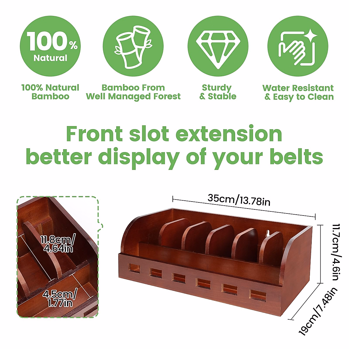 Bamboo Belt Organizer Box, Adjustable 6 Grids Belt Rack, Belt Organizer for Closet Shelf and Drawer, Tie and Belt Storage Organizer Wall Mount and Displayer for Men Women Father Day (Brown)