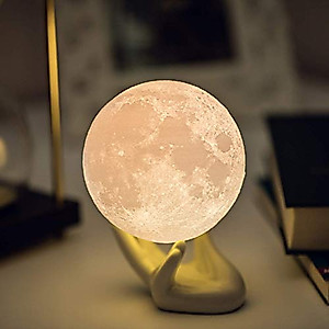 Mind-Glowing Moon Lamp with Ceramic Hand Stand - Warm & Lunar White Colors, Touch Control - Cool Night Light for Living Room, Bedroom - Unique Gift for Women (3.5 inch)