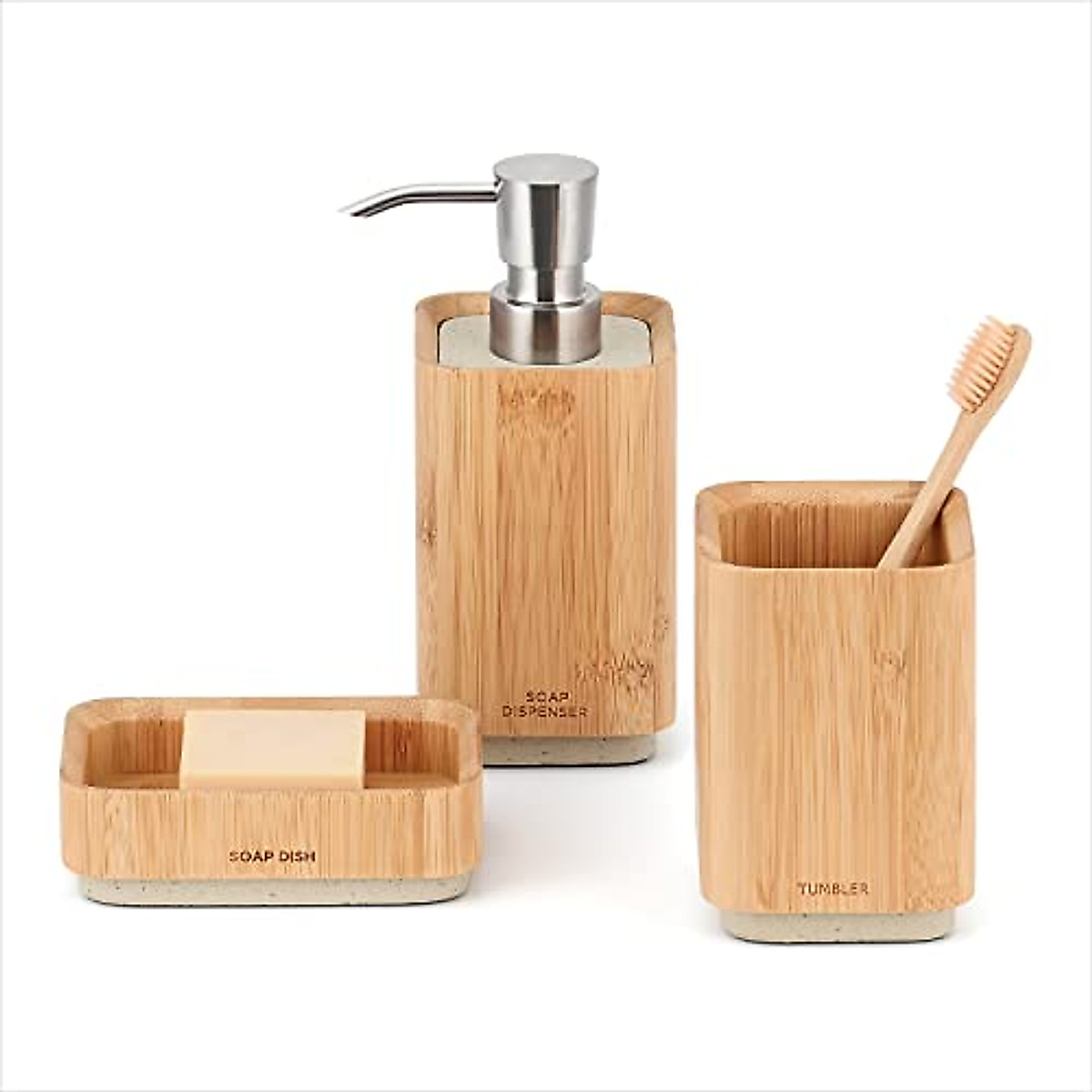 Bamboo Bathroom Accessories Set, Bamboo Wood Bathroom Accessories Include Bamboo Soap Dispenser, Tumbler, Soap Dish, with Concrete Base