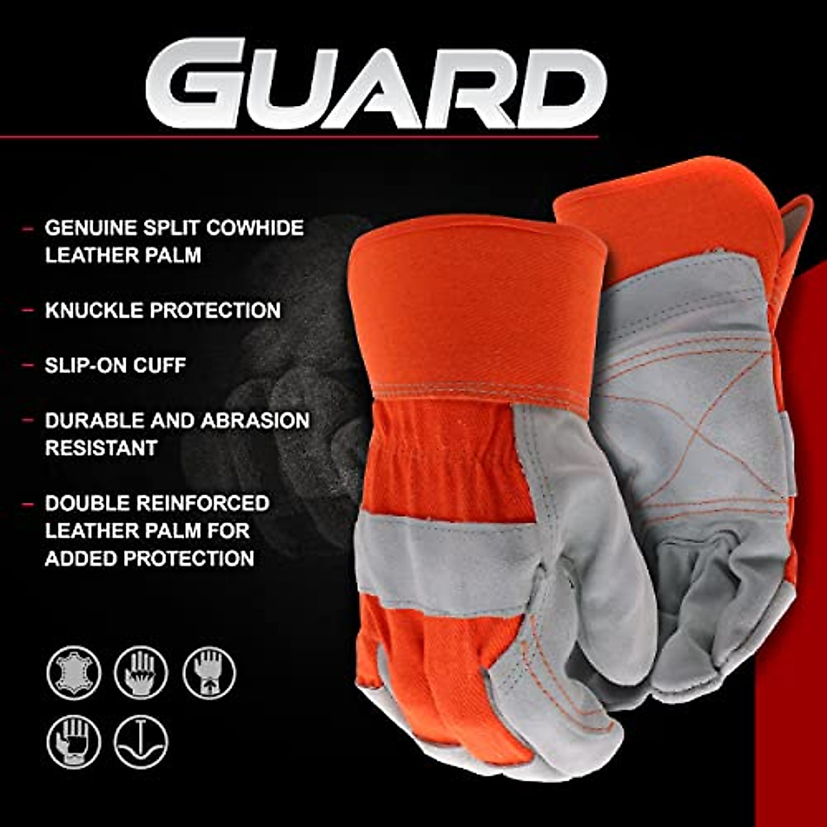 Boss Men's Guard Heavy Duty Work Gloves with Double Leather Cowhide Palm, Abrasion Resistant, High Durability, Canvas Backing, Extended Safety Cuff, Orange, Gray, Large (B71031-L)
