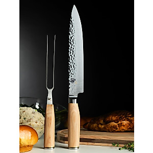 Shun Premier Blonde 2 Piece Carving Set, Includes 9.5" Premier Slicing Knife and Carving Fork, Handcrafted Japanese Knife Set, VG-MAX Core with Damascus Stainless Steel Cladding, Pakkawood Handle