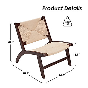 Modern Boho Accent Chairs for Living Room,Mid Century Lounge Chair,Side Chair Indoor Scandinavian Cognac Natural Wood Beech Braided Jute Woven Weave Paper Rope Seat Accent Chair