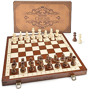 AMEROUS 15'' Wooden Chess Set with Upgraded Weighted Chess Pieces - 2 Extra Queen - Folding Board - Instructions - Gift Package - Chessmen Storage Slots, Classic Chess Board Game for Kids, Adults