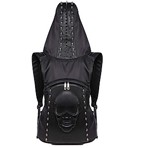 nice--buy Skull Punk Art Fashion Backpack Hooded Rivet Studded Biker Purse Gothic 3D Skull PU Leather Bookbag Python Daypack Shoulder Bag Laptop Bag