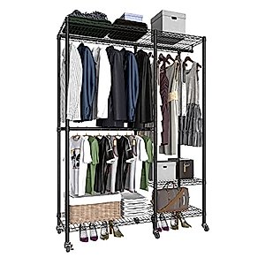 Serxis Portable Closets Heavy Duty Garment Rack Adjustable Rolling Clothes Rack with Lockable Wheels, Metal Wire Clothing Rack,Freestanding Open Wardrobe Closet Storage Rack,Max Load 600LBS, Black