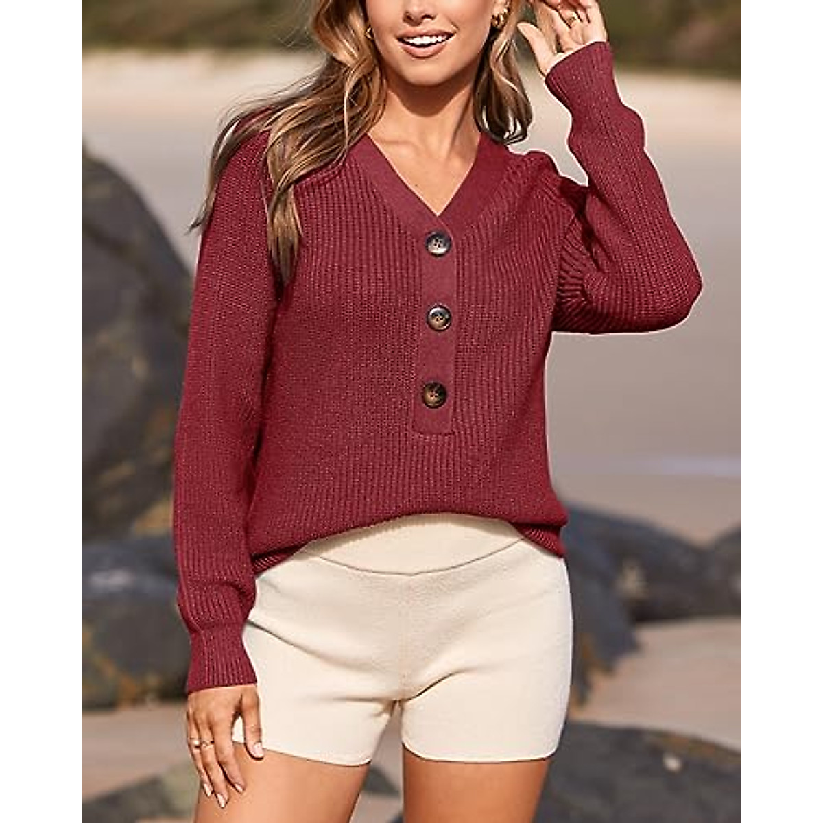 BTFBM Women Long Sleeve V Neck Button Down Sweater Solid Color Ribbed Knit Sweater Casual Relaxed Fit Pullover Jumper (Solid Jujube Red, Large)