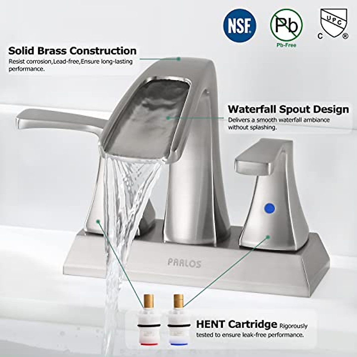 PARLOS 2 Handles Waterfall Bathroom Faucet with Pop-up Drain and Faucet Supply Lines, Brushed Nickel, Doris 14068