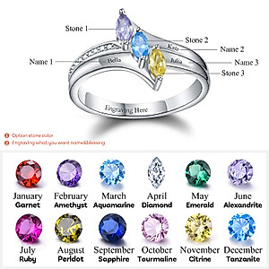 💖Valentine's Gift💖Madeone 925 Sterling Silver Rings 14K Gold Plated Ring Anniversary Promise Engagement Rings Bands Personalized Mother Ring with 3 Marquise Shape Birthstone 3 Names and 1 Engraving Customized Rings (7)