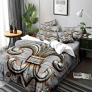 Flowers Fleur De Lis Duvet Cover Set King Include 1 Duvet Cover 2 Pillowcases Vintage Flower Iron Tin Antique Ornate Rustic Sign Wooden Comforter Cover Microfiber Soft Bedding Sets
