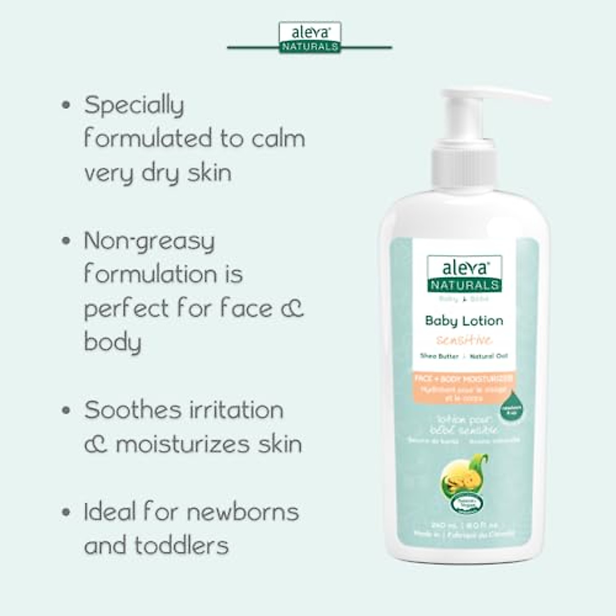 Aleva Naturals Daily Soothing Moisturizer | For Sensitive Dry Skin | Face and Body Lotion | Made with Natural and Organic Ingredients | for Babies and Toddlers - 8 fl. oz / 240ml