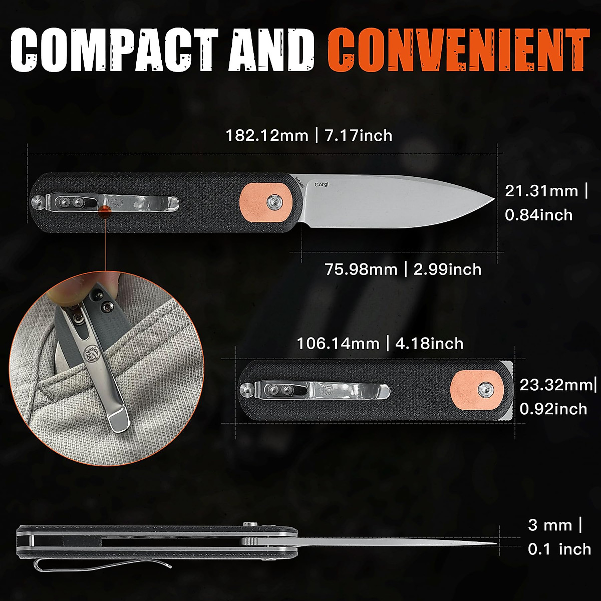 Vosteed Corgi Small Folding Knife, Flipper Knife with Clip for Men Women Gifts, Patented Trek Lock Pocket Knife 2.99" Sandvik 14C28N Blade, Micarta Handle for EDC