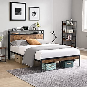 Modern Industrial Queen Size Metal Platform Bed Frame with Wooden Headboard and Footboard with USB and Charging Station, No Box Spring Needed, Large Under Bed Storage, Easy Assemble (Queen)