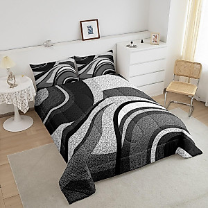 Black Grey Stripes Comforter Set Full Size Kids Geometric Comforter Set for Boys Teens Geometry Abstract Art Bedding Set Modern Striped Art Duvet Set Room Decor Quilt Boys
