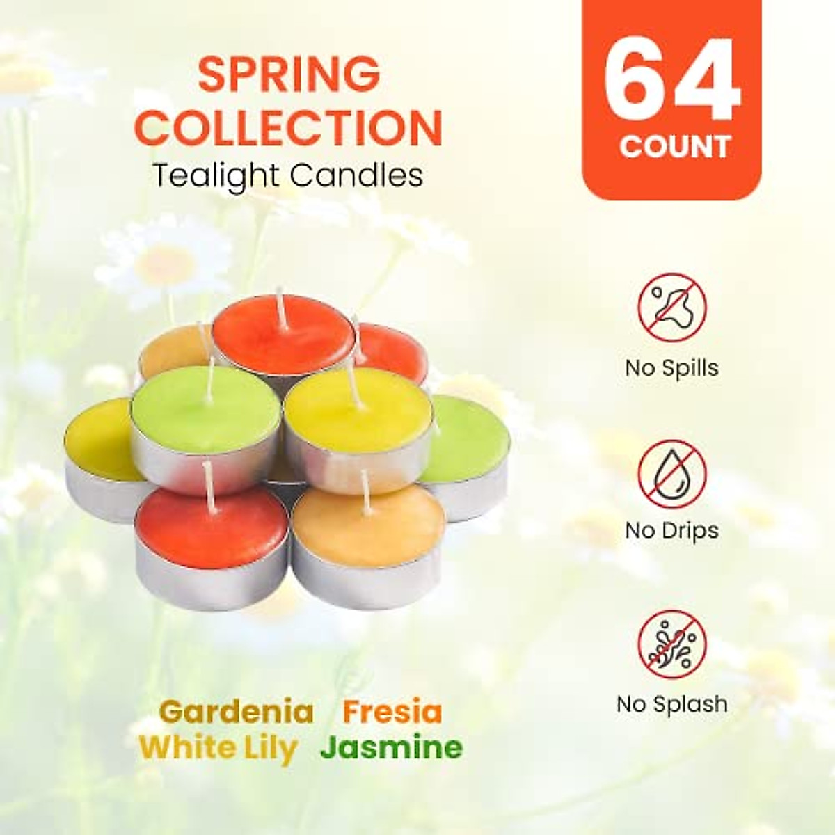 Spring Candles for Home Scented Tea Lights Candles - Spring Candle Set of 64 - Gardenia, Freesia, White Lily, Jasmine - 3-4 Hour Extended Burn Time - Spring Candles for Home, Holiday, Wedding & Party