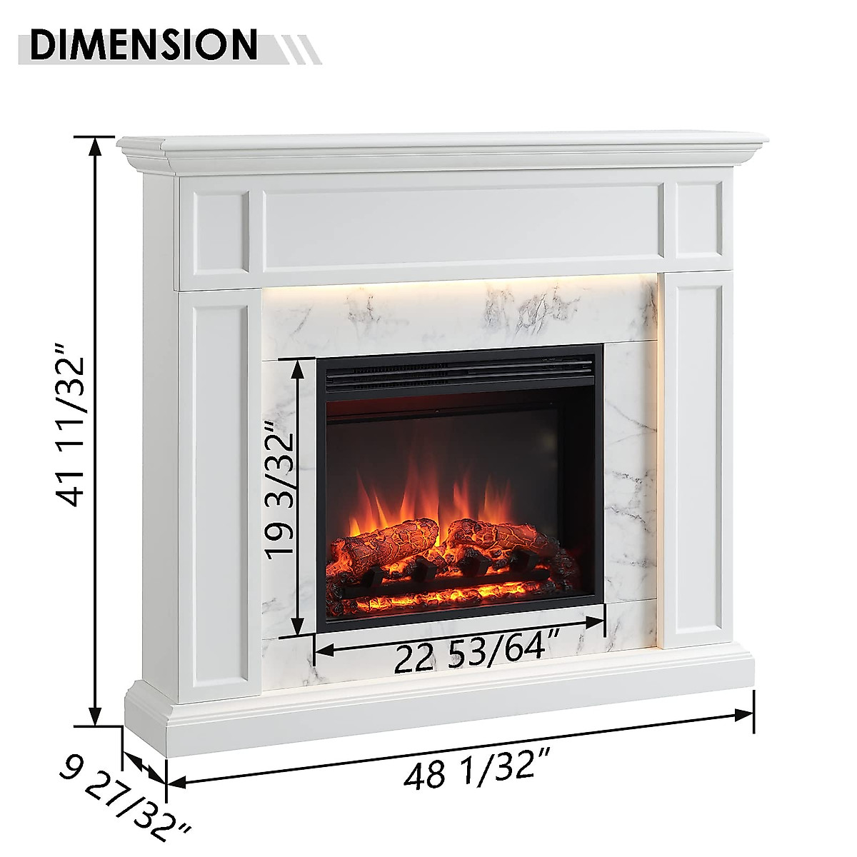 LegendFlame Fireplace Suite Sheraton, 48 Inch Mantel Surround, Cream White with Snow White Marble Finish, with 23 Inch Electric Fireplace Insert, 750W/1500W, Weekly Timer, Mood Light, Remote Control