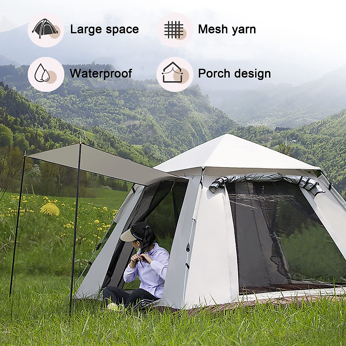2/3/4 Person Pop Up Tent with Carry Bag, Waterproof Windproof Family Camping Tent with 2 Door & 2 Mesh Window,Setup in 60 Seconds,Instant Tent for Hiking & Travel,Upgraded Ventilation (Green,L)