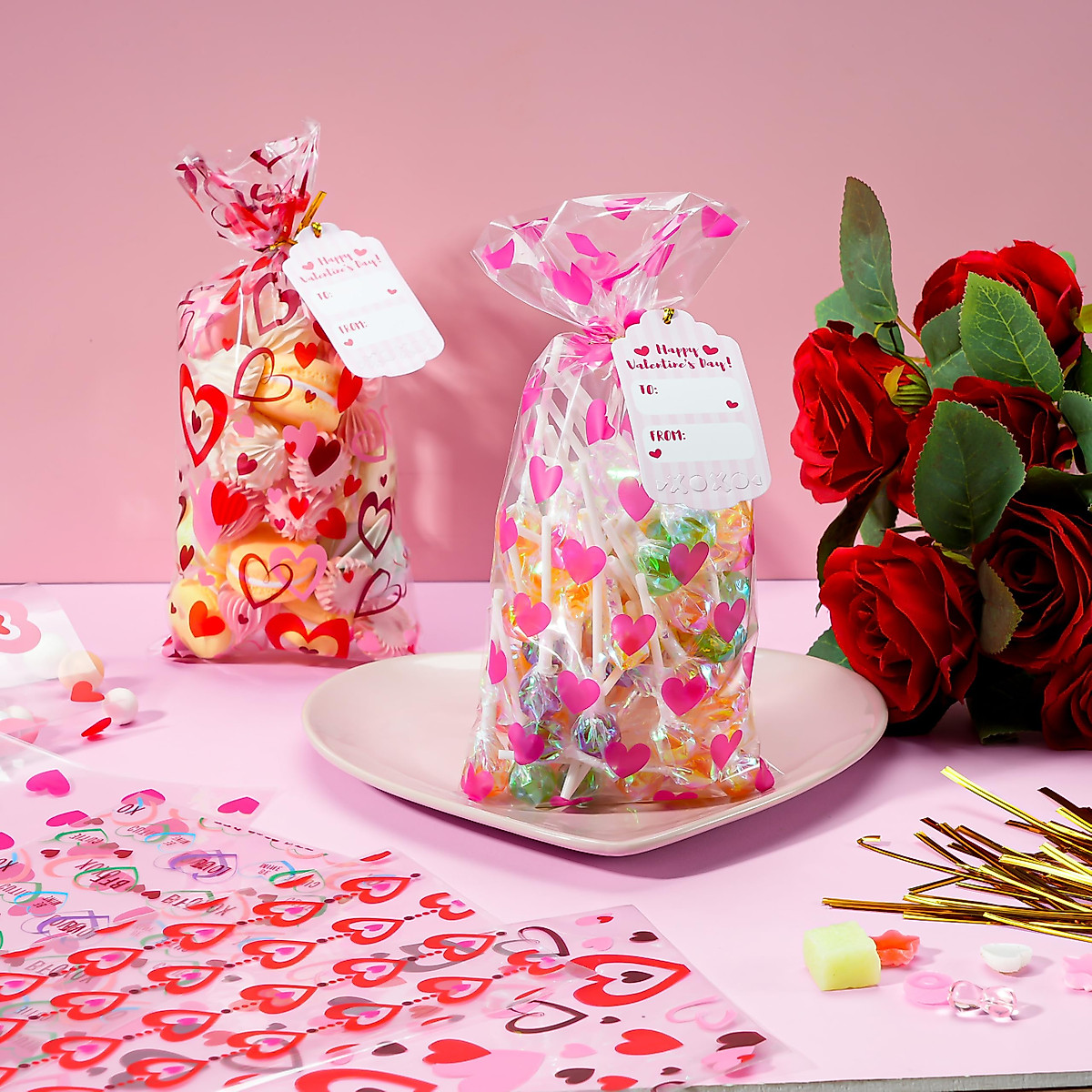 JOYIN 150 Pcs Valentine's Day Cellophane Gift Bag with Gift Tag, Candy Bag with 6 Valentine’s Themed Designs for Kids Party Favor, Classroom Exchange Prizes,Valentine’s Goody Bag