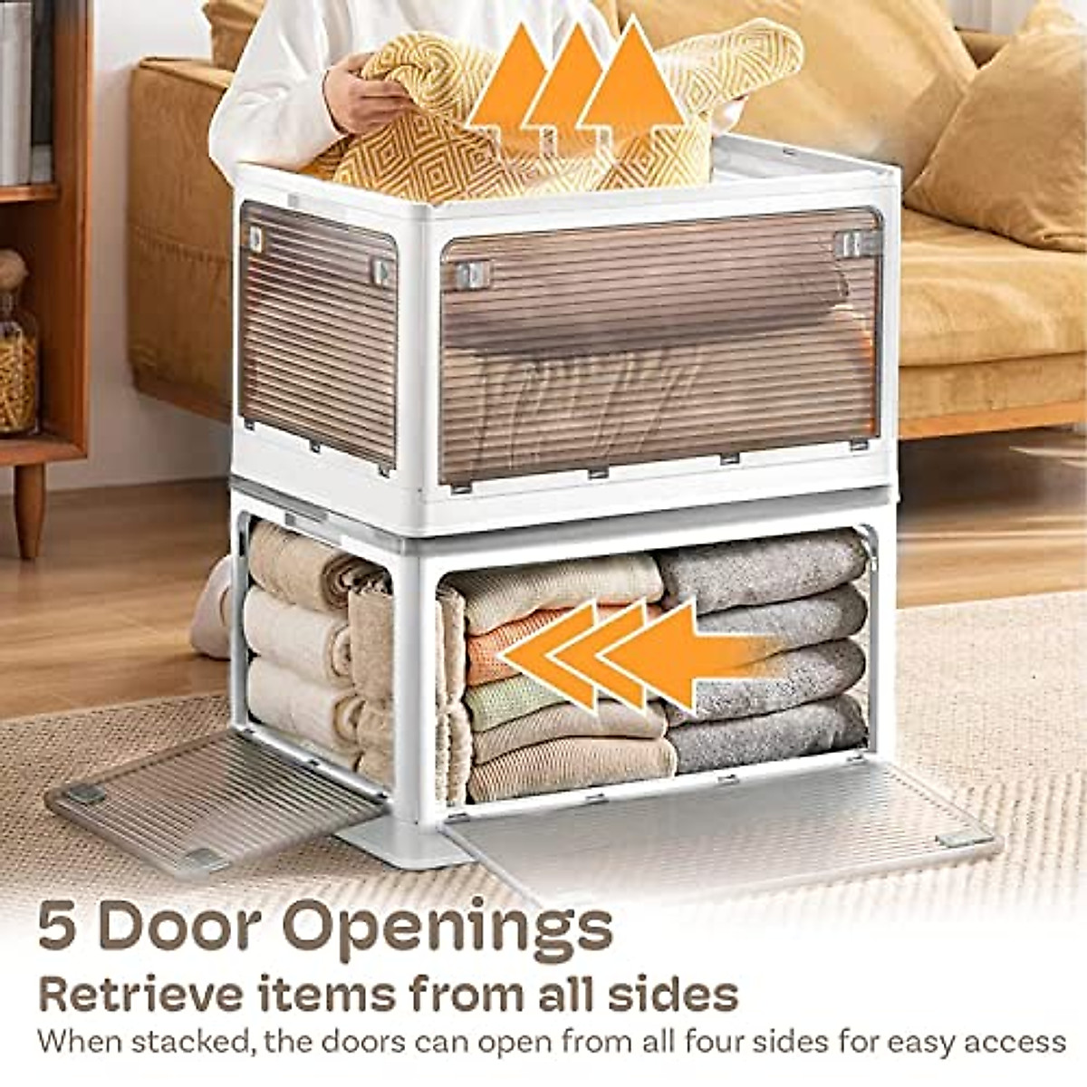 WYZworks 3 Pack Collapsible Storage Boxes with 5 sides Opening - Foldable Stackable Plastic Storage Box Tote w/Wheels Designed for Clothing, Snack Pantry, Toys, Side Latching Locks - 42L - White