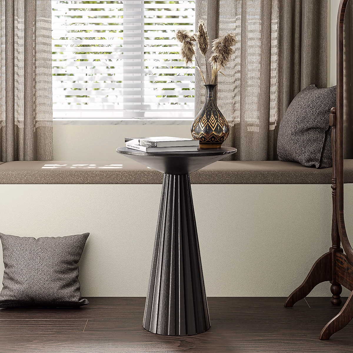 COZAYH Pedestal Small Drink Table Round Martini Table Wood Plant Stand End Table for Small Space Living Room, Bedroom, Black