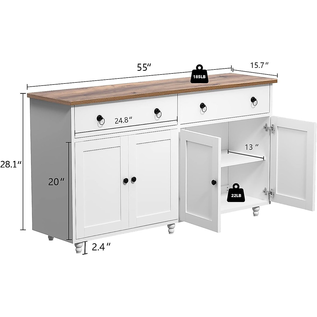 4 EVER WINNER Sideboard Buffet Cabinet, 55” White Coffee Bar Buffet Cabinet with Storage 4 Doors& 2 Drawers, Kitchen Buffet Storage Sideboards Cabinets Table Credenza Cupboard for Living Dining Room