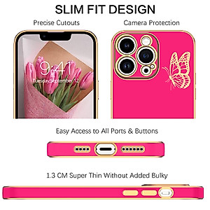 BENTOBEN for iPhone 13 Pro Max Case, Butterfly Design Women Girl iPhone 13 Pro Max Phone Case Slim Fit Luxury Shockproof Electroplated Soft Protective Cover Case for iPhone 13 Pro Max 6.7",Hot Pink