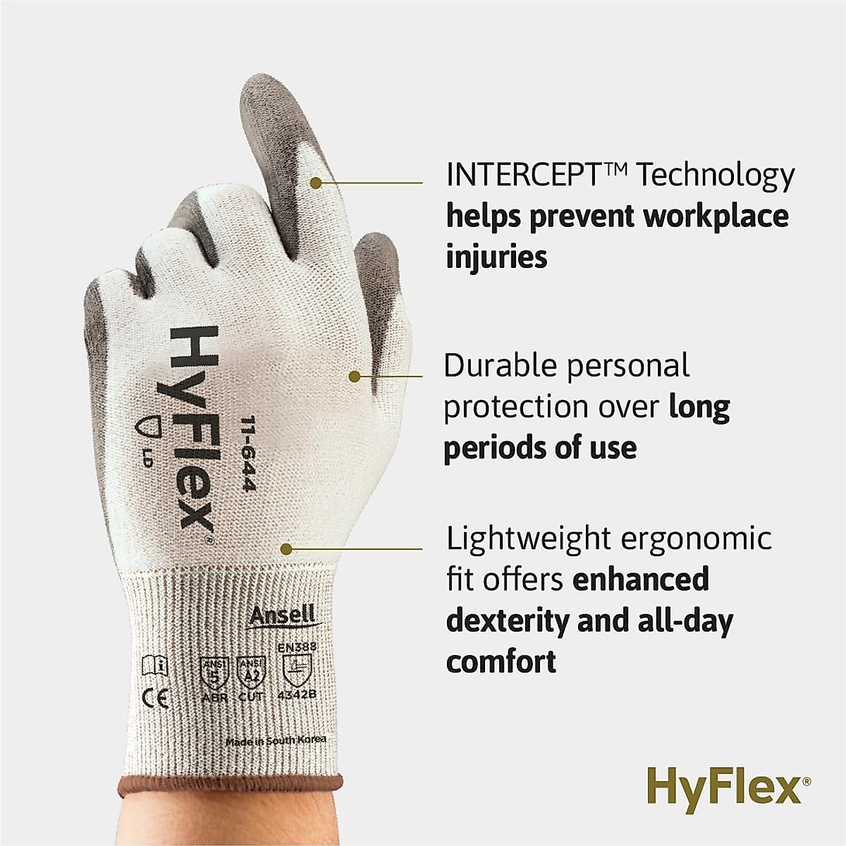 Ansell HyFlex 11-644 Mechanical Protection Cut-Resistant Industrial Gloves, Large, White & Grey (144 Pairs)