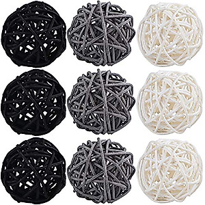 STMK 9 Pcs 3 Inch Wicker Balls Decorations, Rattan Balls Decorative for Home Decor DIY Vase Bowl Filler Ornament Baby Room Nursery Décor Wedding Table Decoration (Black, Grey, White)