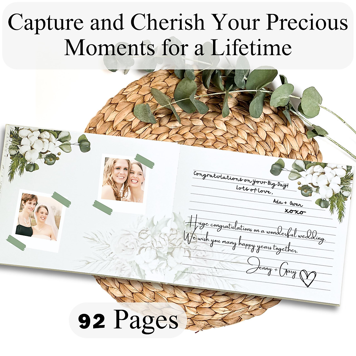 EBEGEE Wedding Guest Book for Wedding Reception, Elegant 9 x 7inch Baby Shower Guest Book with Polaroid Photo Pages and Registy Pages, Gold Foil Lettering Linen Cover, Perfect for Any Celebration