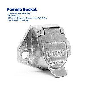 Pro Trucking Products 2 Way Wiring Connector Plug with Spring Guard, 200 Amp Capacity, 4 Gauge Cable and 2 Way Wiring Connector Socket, 200 Amp Capacity, 4 Gauge Cable