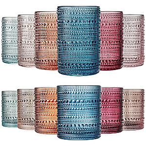 Beaded Hobnail Drinking Glasses Set | Set of 12 | 6x Tumbler 11 OZ + 6x Highball 12 OZ Bubble Design Whiskey Glassware, Old-Fashioned, Embossed Design Glass for Water, Wine, Cocktail HAND WASH ONLY