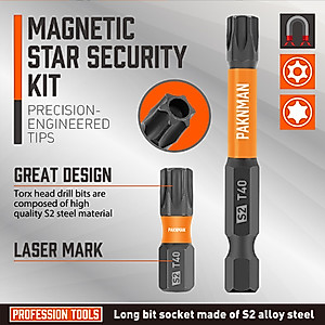 PAKNMAN 27-Piece Torx Bit Set, 1/4”Magnetic Extension, T4 - T40, S2 Steel, 1/4 Hex-Shank Security Torx Bit Set, 1” & 2” Long with Magnetic Impact Bit Holder and Storage Box