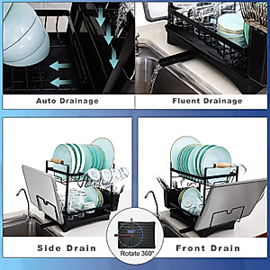 huspossesser Dish Drying Rack with Drainboard, 2 Tier Small Dish Rack, Dish Racks for Kitchen Counter, Stainless Steel Dish Drainer with Utensil Holder, Cup Rack and Cutlery Holder, Black