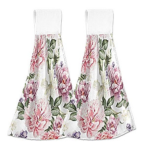 Alaza Vintage Floral Pink Chic Peony Kitchen Towels with Hanging Loop Absorbent & Fast Drying Dishtowels Set of 2