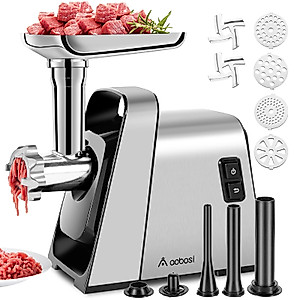 AAOBOSI Meat Grinder Electric, [3000W Max] Meat Grinder Heavy Duty with 2 Stainless Steel Blades & 4 Grinding Plates, Sausage Maker & Kibbe Kit for Home Kitchen & Commercial Using