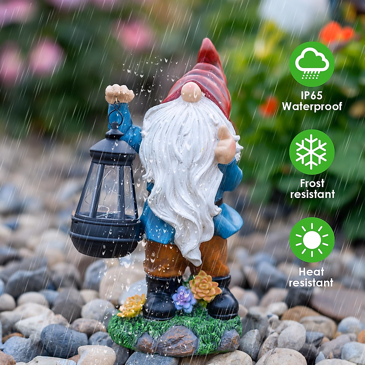 Candieslife Solar Garden Statue Lights Gnome Figurine with Solar Lantern, Outdoor Garden Succulent Ornaments Waterproof Decoration for Outside Patio Yard Lawn Decor